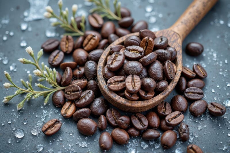 Scoop of Roasted Coffee Beans on Ice-covered Surface with Sprigs of ...