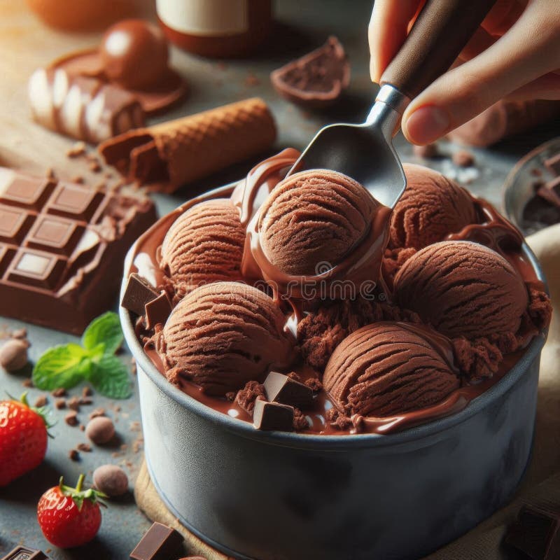 Scooping Rich Chocolate Ice Cream from Container Stock Illustration ...
