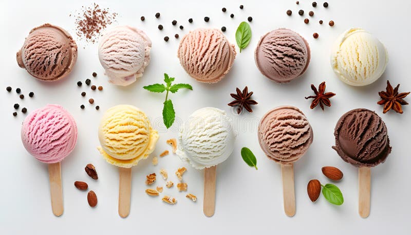 Scoops of Different Ice Creams and Ingredients on White Stock ...