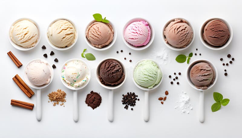 Scoops of Different Ice Creams and Ingredients on White Stock ...