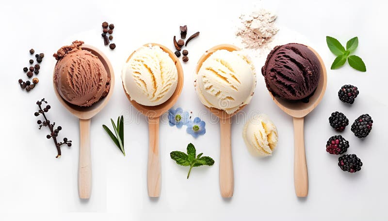 Scoops of Different Ice Creams and Ingredients on White Stock ...
