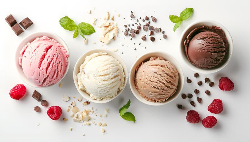 Scoops of Different Ice Creams and Ingredients on White Stock ...