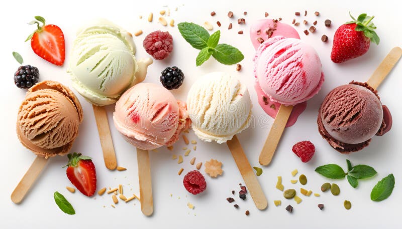 Scoops of Different Ice Creams and Ingredients on White Stock ...
