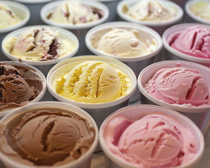 Scoops of Different Ice Creams in Store Containers Stock Photo - Image ...