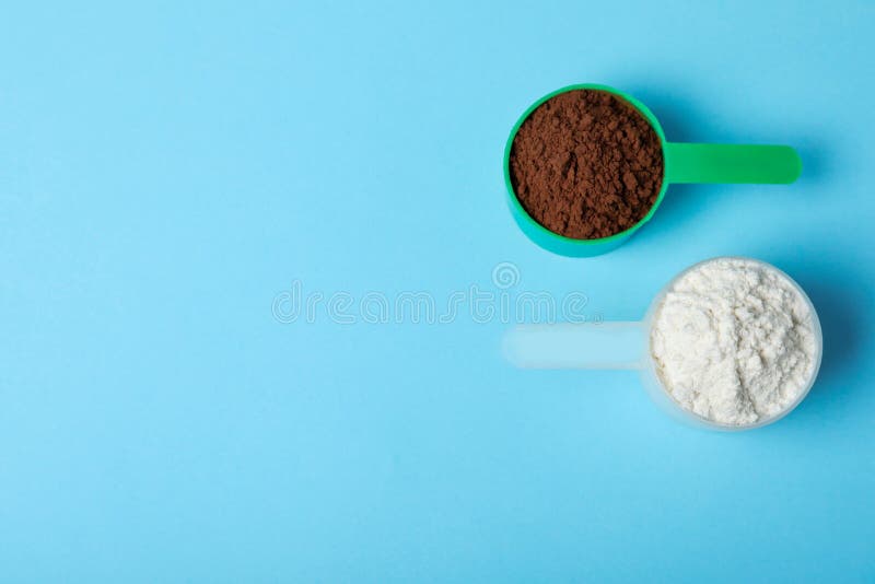 Scoops of Different Protein Powders on Light Blue Background, Flat Lay ...