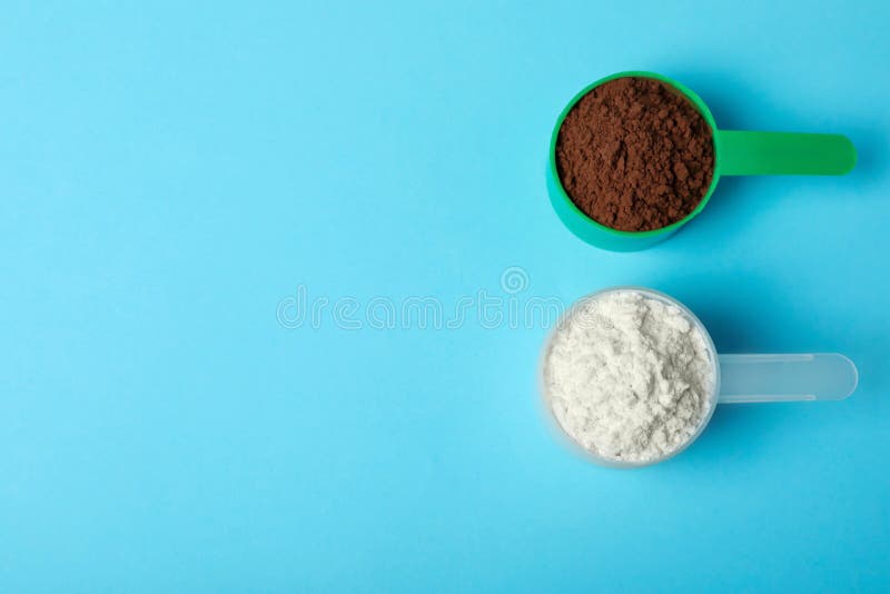 Scoops of Different Protein Powders on Light Blue Background, Flat Lay ...
