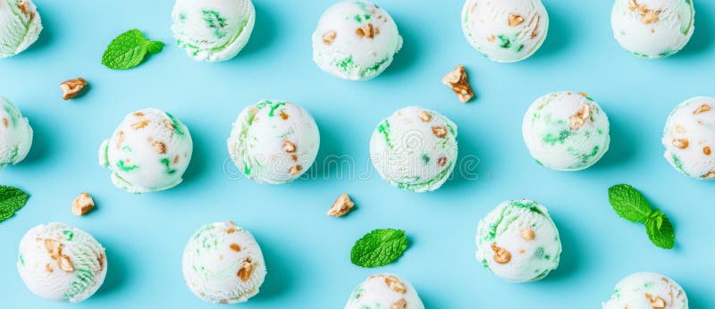 Scoops of Green Tea Ice Cream with Fresh Mint and Toppings on a Light ...