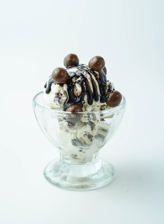 Scoops of Ice Cream with Chocolate Balls and Syrup Stock Photo - Image ...