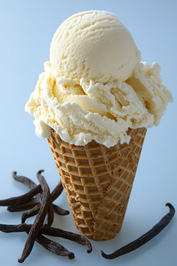 Scoops of Vanilla Ice Cream in Waffle Cone on Light Blue Background ...