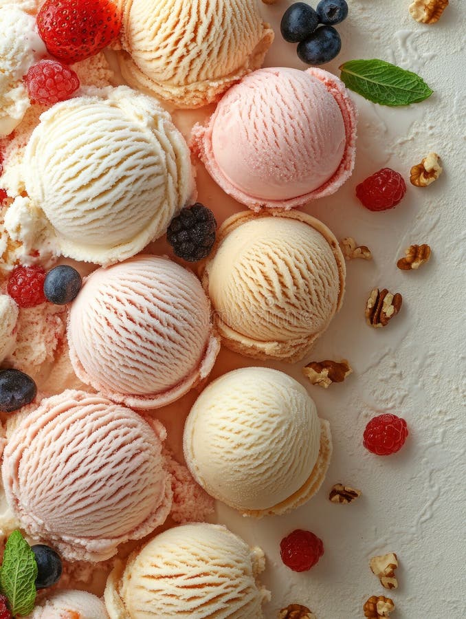 Scoops of Various Ice Cream Flavors with Berries and Nuts. Stock Photo - Image of raspberry ...