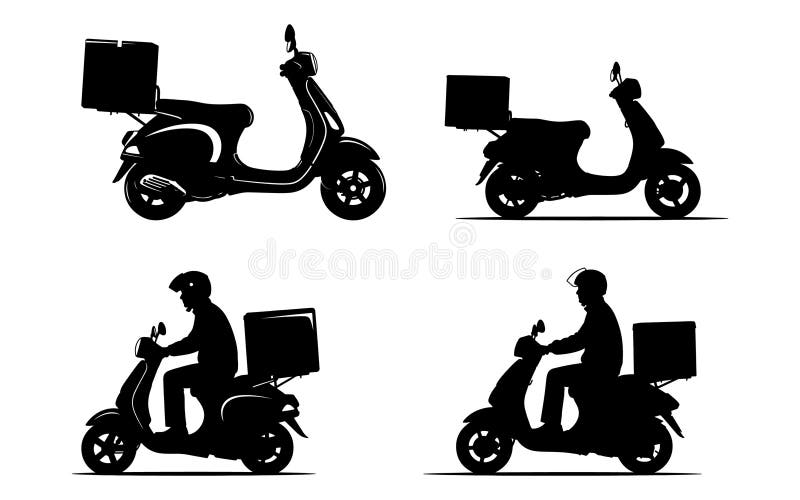 Scooter Delivery Silhouette Set, Scooter with Delivery Box Silhouettes ...