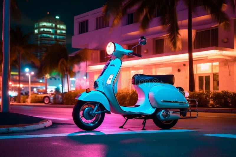Scooter Moped at Ocean Drive, Miami Beach at Night, Generative Ai Stock ...