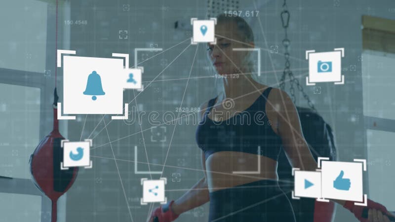 Scope Over Globe of Digital Icons Against Woman Jumping with Skipping ...