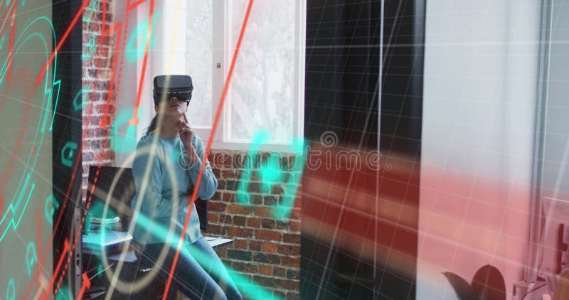 Scope Scanning Over Grid Network Against Caucasian Woman Wearing Vr ...