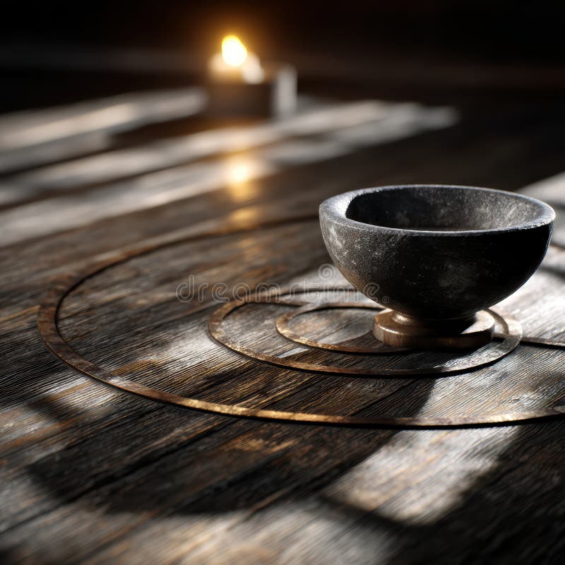 Scorched Circular Table with Stone Goblet and Flickering Torch Shadows ...
