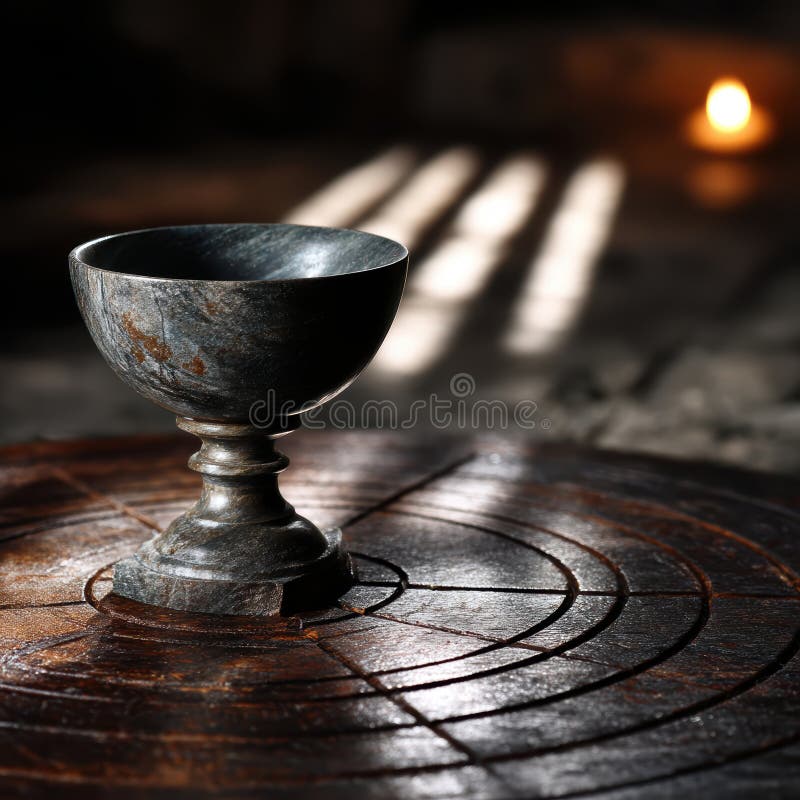 Scorched Circular Table with Stone Goblet and Flickering Torch Shadows ...