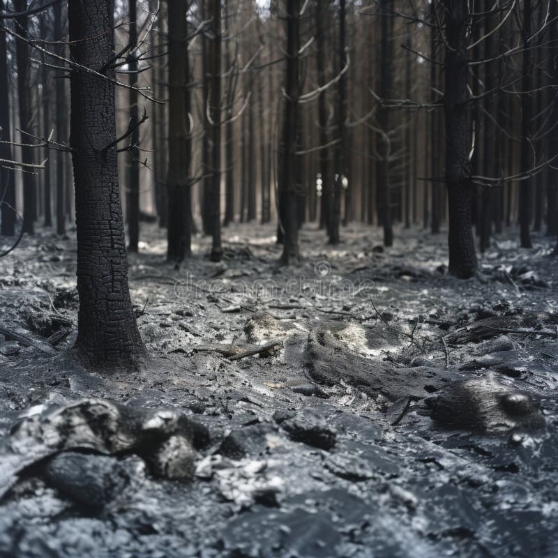 Scorched Forest Floor and Trees after a Devastating Wildfire Stock ...