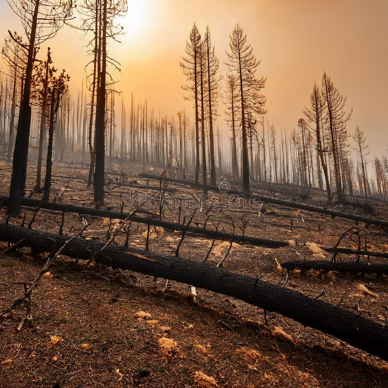 Scorched Forest Landscape after a Devastating Wildfire, Showing Burnt ...