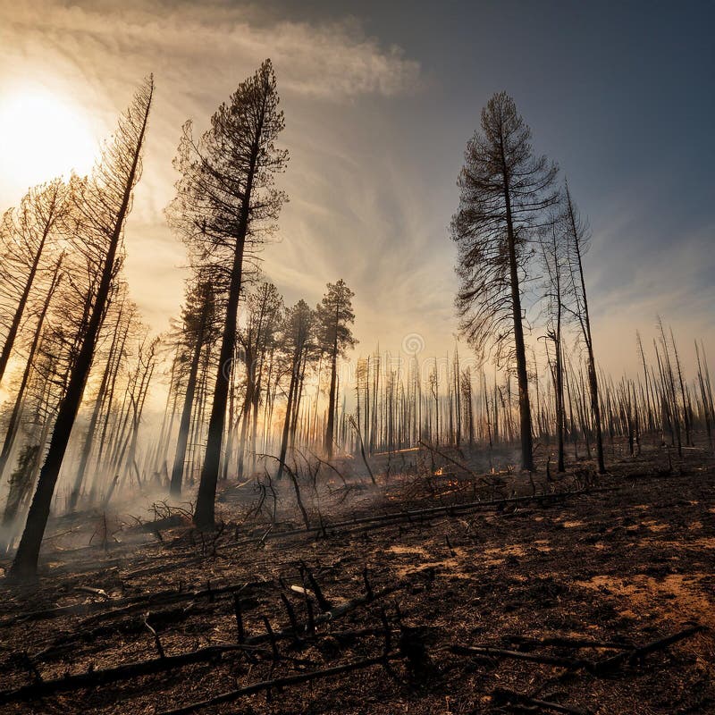 Scorched Forest Landscape after a Devastating Wildfire, Showing Burnt ...