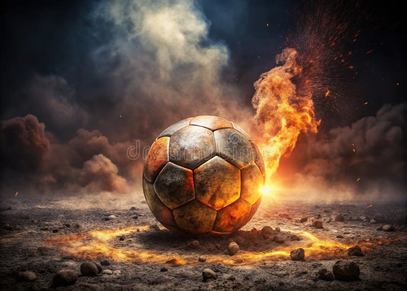 A Scorched Soccer Ball in an Abandoned Field Dramatic Flames and ...