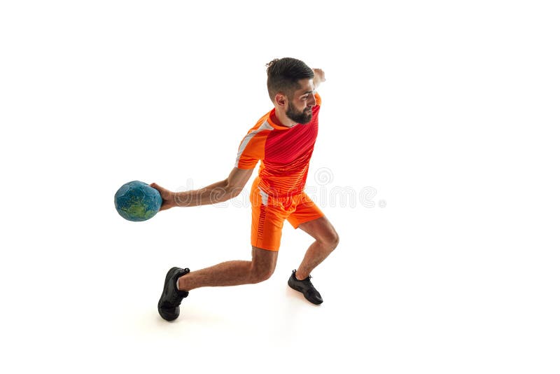 Scoring Winning Goals. Competitive Young Man, Handball Player in Motion ...