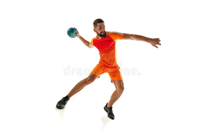 Scoring Winning Goals. Competitive Young Man, Handball Player in Motion ...