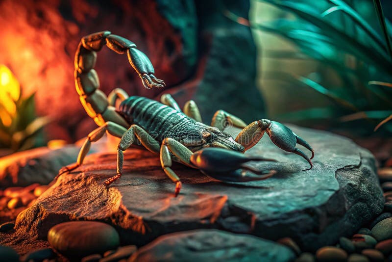 Scorpions on Rock, Cave, Fire, Jungle Background Stock Illustration ...