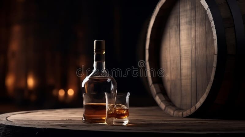 Scotch Whiskey Bottle Glass and Old Wooden Barrel. Generative AI Stock ... Scotch Whiskey Bottle Glass and Old Wooden Barrel. Generative AI Stock ...