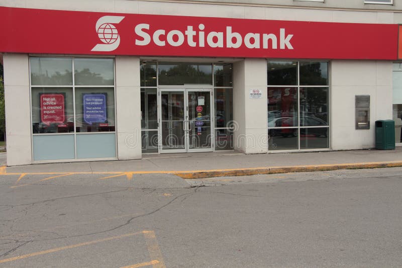A Scotiabank Red Ground Sign with Logo in Vancouver BC. Scotiabank is a ...