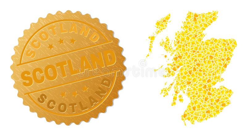 Scotland Map Collage of Golden Items and Metallic Scotland Stamp Stock ...