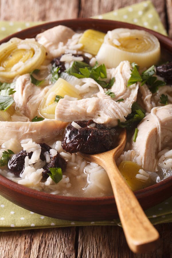 Scottish Chicken Soup with Leeks and Prunes Macro. Vertical Stock Photo ...