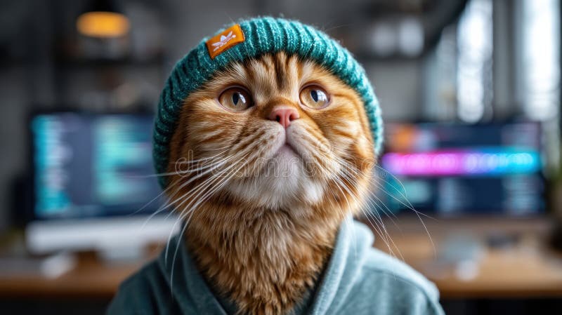 Scottish Fold Cat Coder in RGB-lit Office with Hoodie and Glowing Code ...