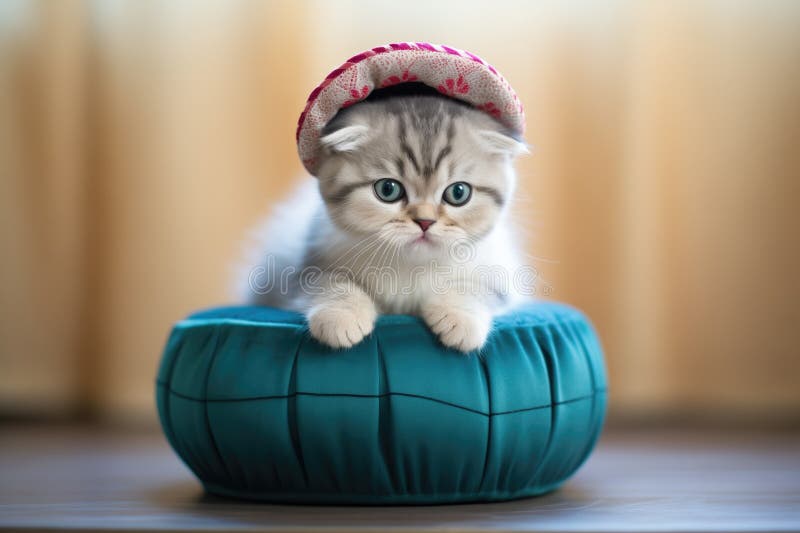 Scottish Fold Kitten in a Soft Round Pouf Stock Illustration ...