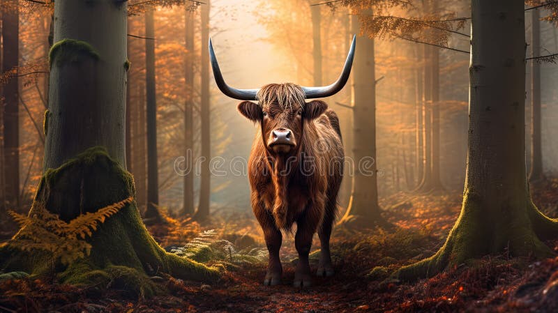 Scottish Highland Cow Standing in Forest, Looking at Camera Stock ...