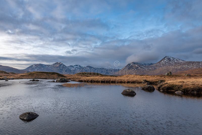 Scottish Highland Stream Over Looking Black Mount Mountain Range Stock ...