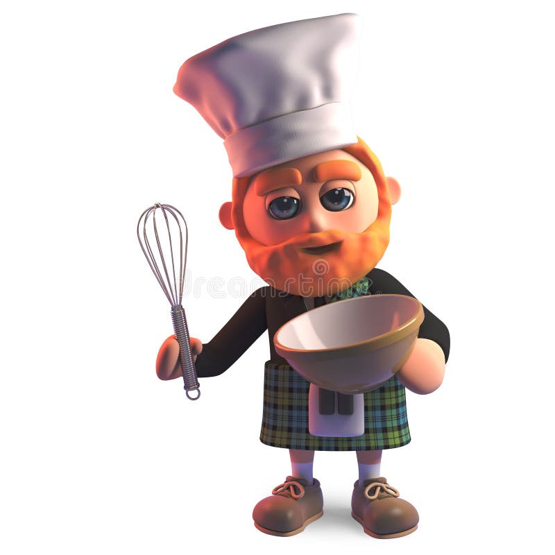 Scottish Man in Chefs Hat and Kilt Baking a Cake with Mixing Bowl, 3d ...