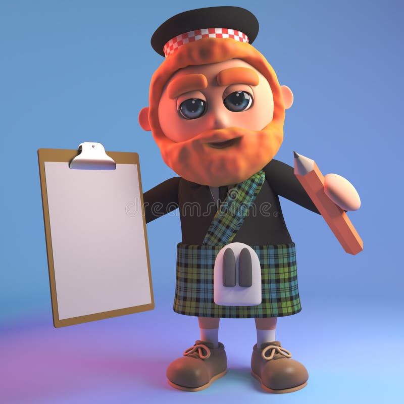 Scottish Man in Kilt Holding a Clipboard and Pencil, 3d Illustration ...