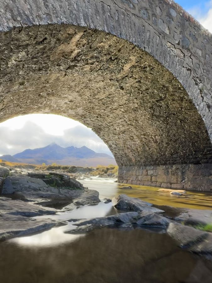 Scottish River and Cuillin Hills Framed by Stone Bridge Arch Stock ...
