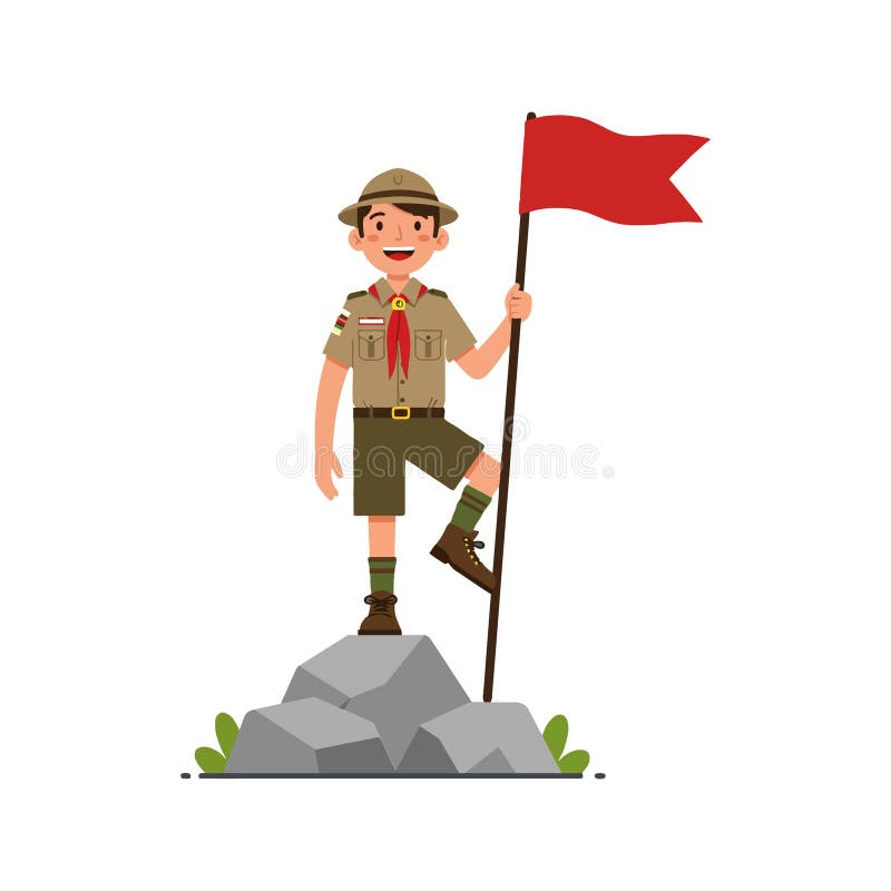 Scout Boy Standing on Rock Holding Flag in Minimal Vector Art Stock ...