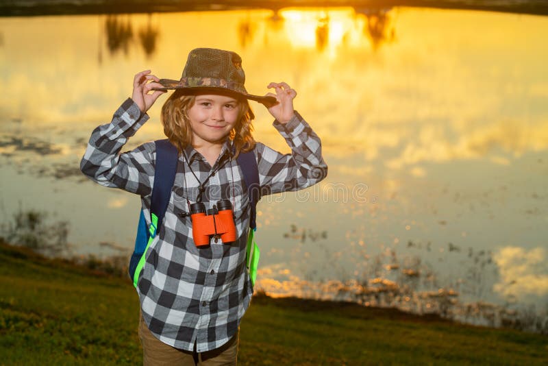 Scout Boy Wearing Explorer Hat and Backpack Outdoor. Explorer and ...