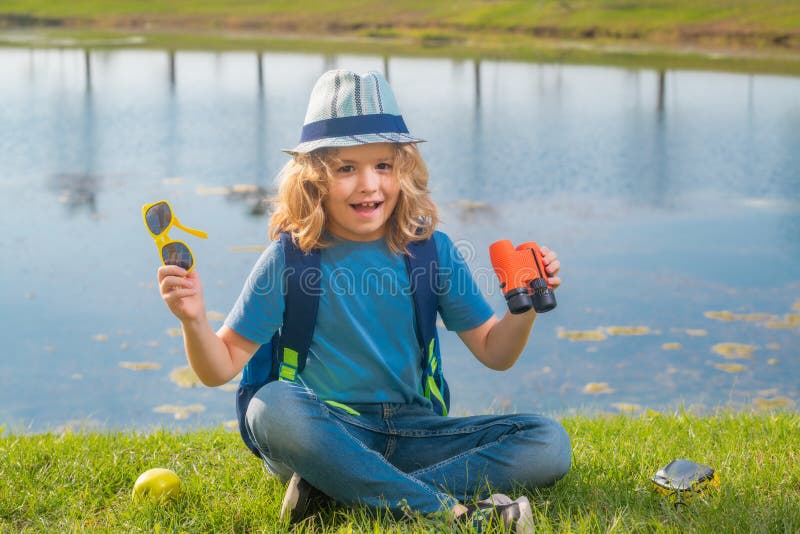 Scout Boy Wearing Explorer Hat and Backpack Outdoor. Explorer and ...