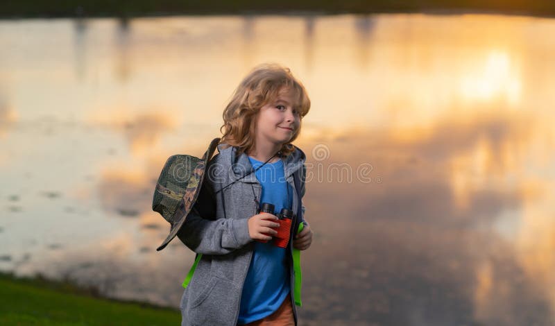 Scout Boy Wearing Explorer Hat and Backpack Outdoor. Explorer and ...