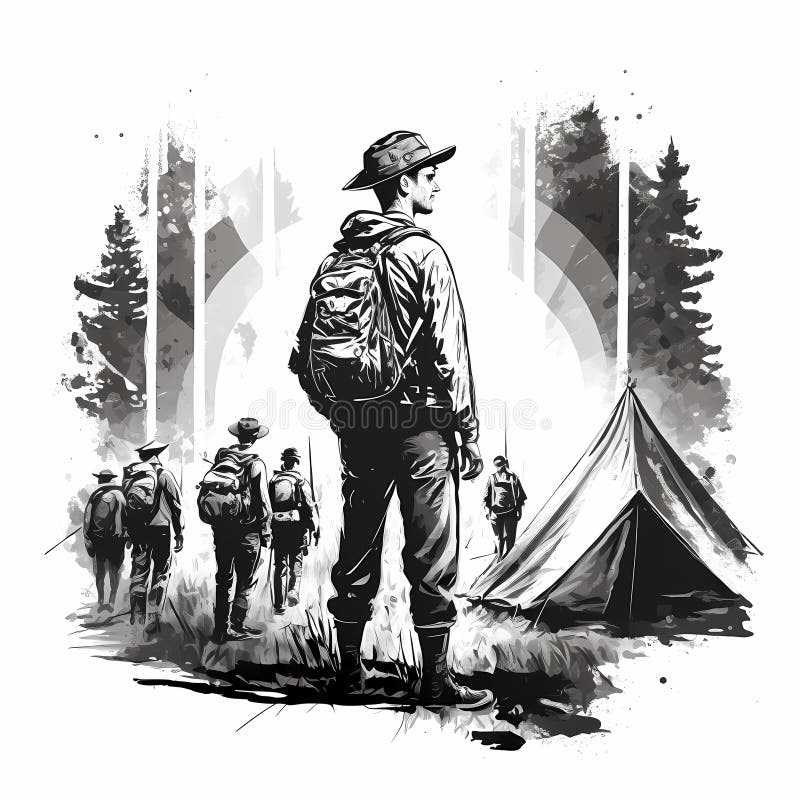 Scout Camp Black and White. Generative AI Stock Illustration ...