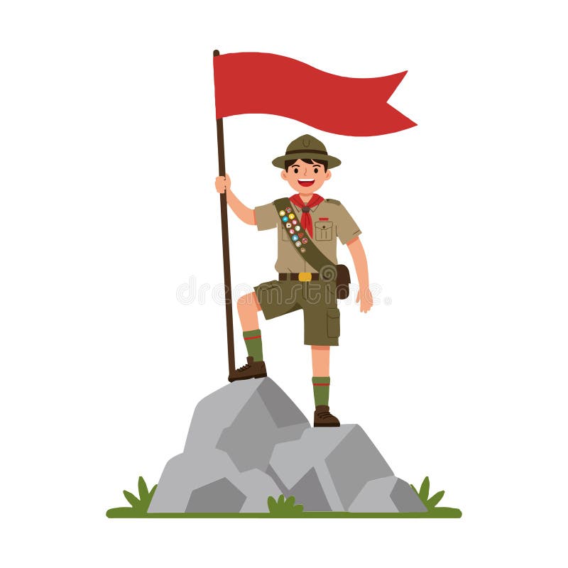 Scout Standing Proudly on a Rock with a Flag in Flat Vector Art Stock ...