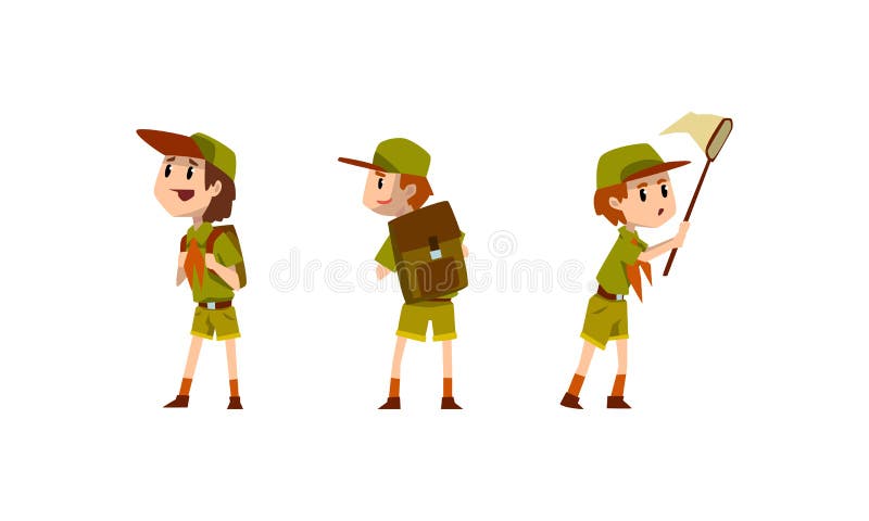 Scouts Boys and Girls Set, Scouting Kids Characters Wearing Uniform and Blue Neckerchiefs with ...
