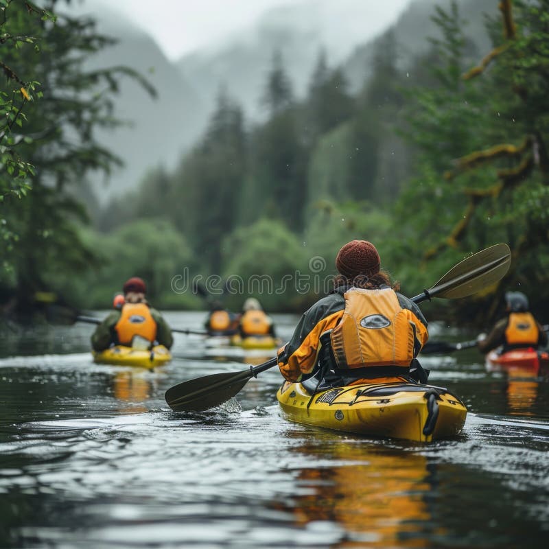 Scouts Kayaking on a Serene River with Lush Greenery in the Background ...