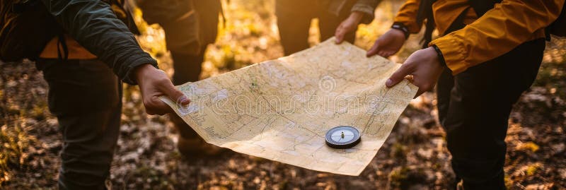 Scouts Navigate Together Using a Map and Compass in the Forest during a ...