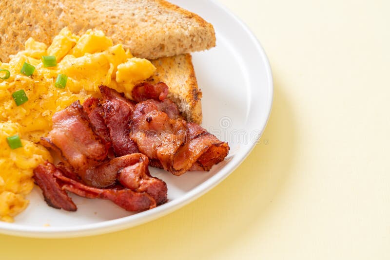 Scramble Egg with Bread Toasted and Bacon Stock Image - Image of lunch ...