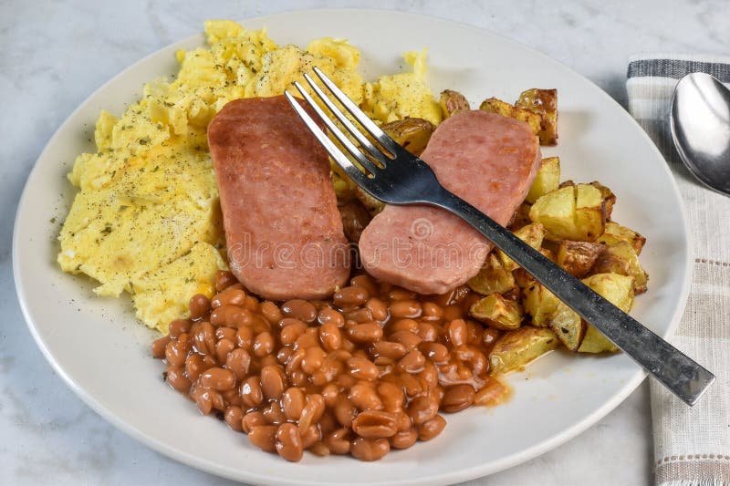 Scramble Eggs with Fried Spam and Baked Beans Stock Photo - Image of ...