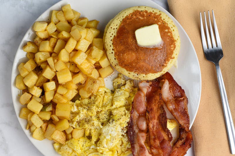 Scramble Eggs with Hash Browns and Pancacakes Stock Image - Image of ...